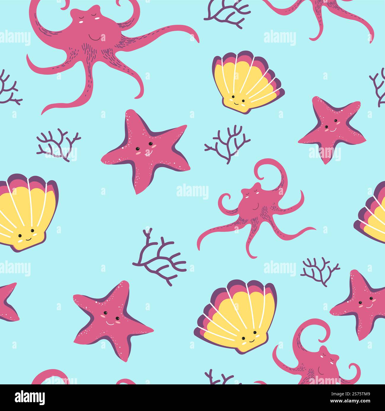 Sea stars and shells, octopus and seaweed, aquarium composition with ...