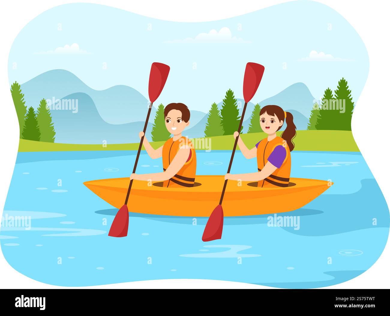 People Enjoying Rowing Illustration with Canoe and Sailing on River or ...
