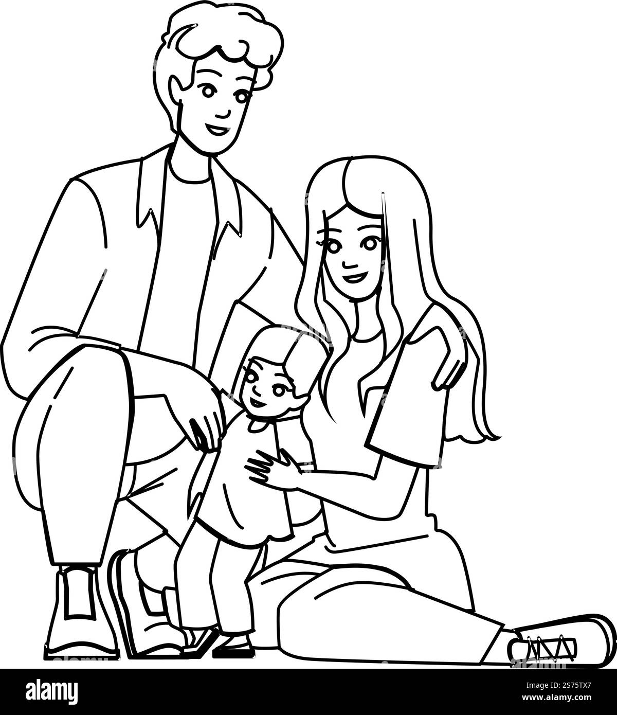 family hug line pencil drawing vector. happy child, father kid, young ...