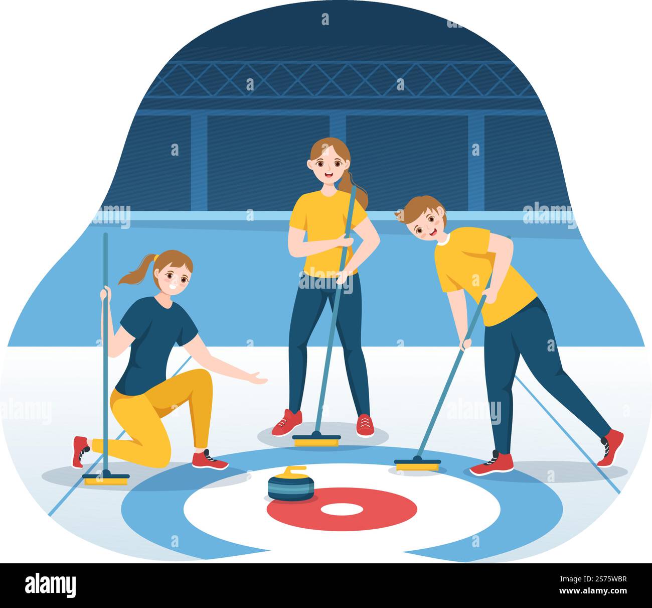 Curling Sport Illustration with Team Playing Game of Rocks and Broom in ...
