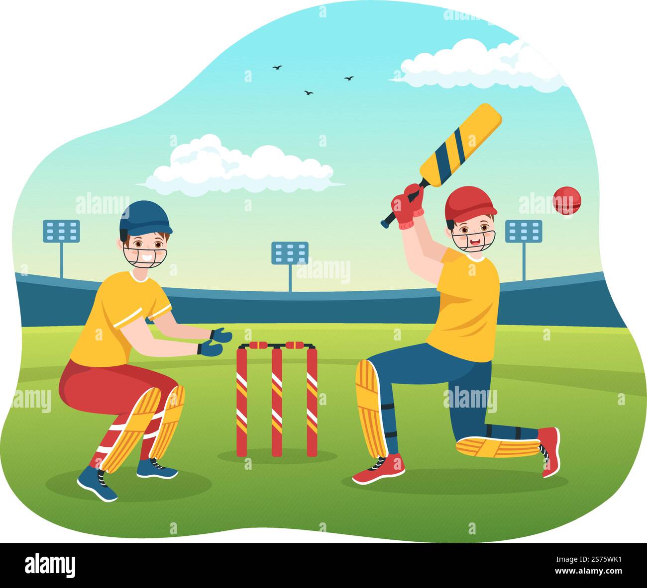Batsman Playing Cricket Sport Illustration with Bat and Balls in the Field for Championship in ...