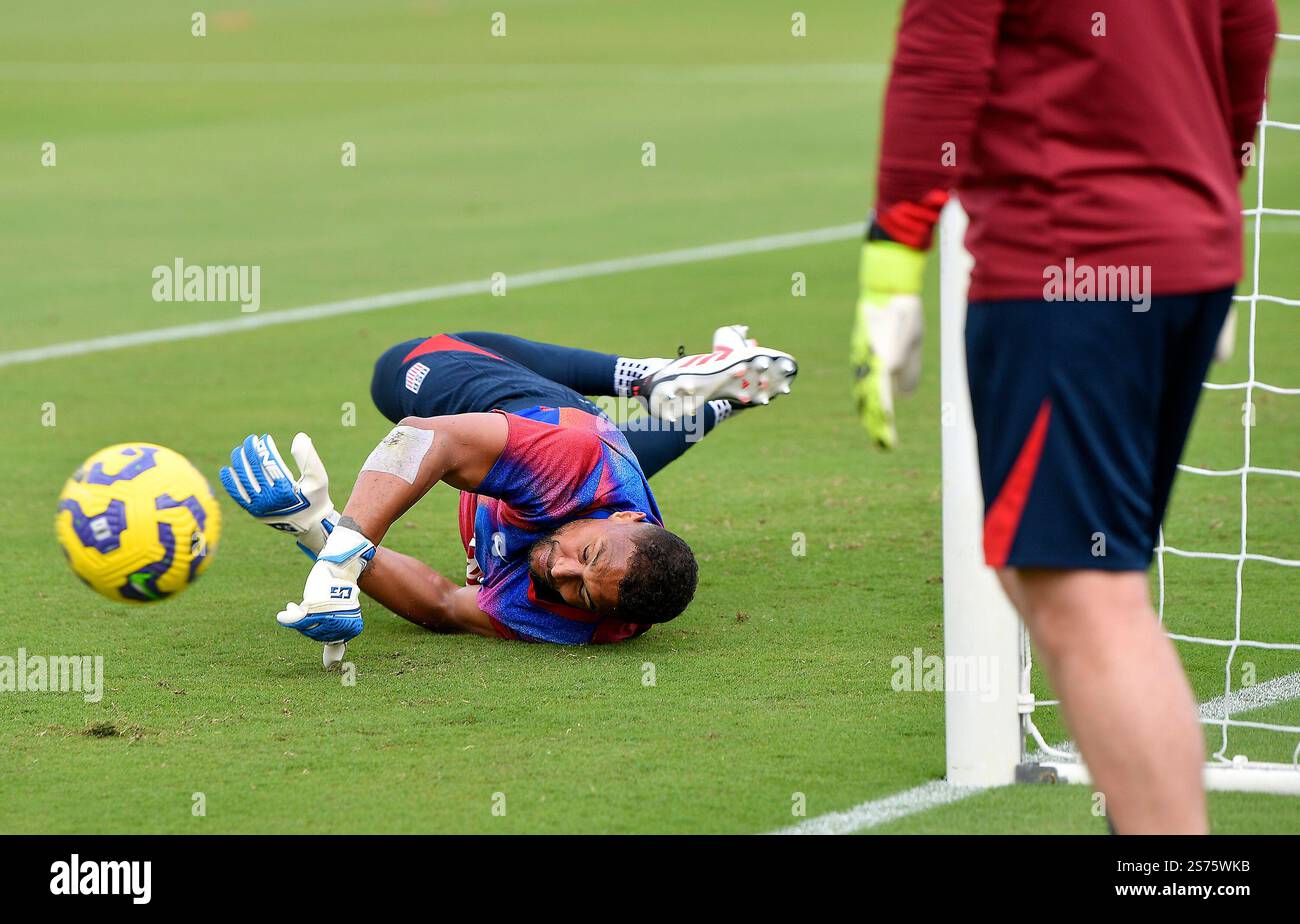United States goalkeeper Zack Steffen warms up with his team before ...