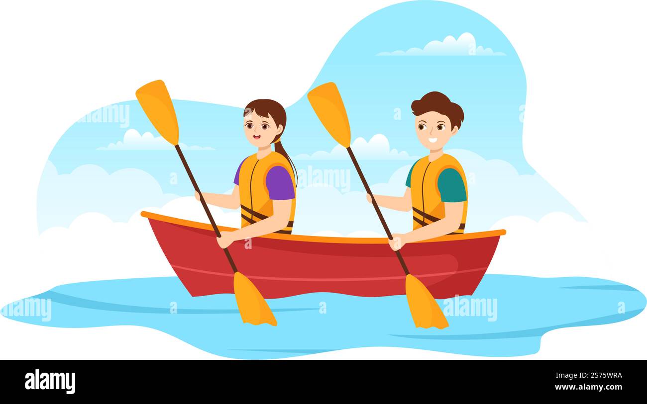 People Enjoying Rowing Illustration with Canoe and Sailing on River or ...