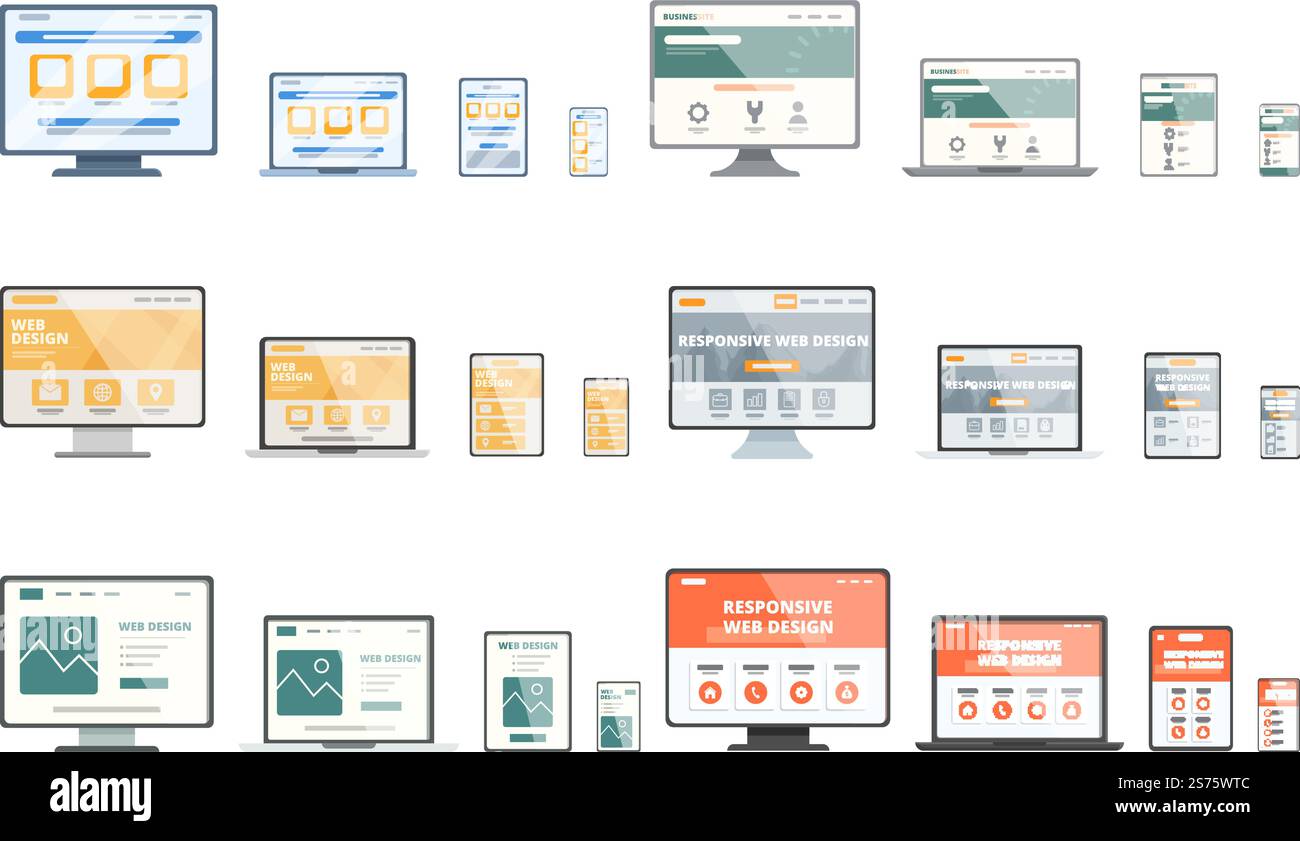 Responsive web design icons set cartoon vector. Digital content. Mobile user. Responsive web ...
