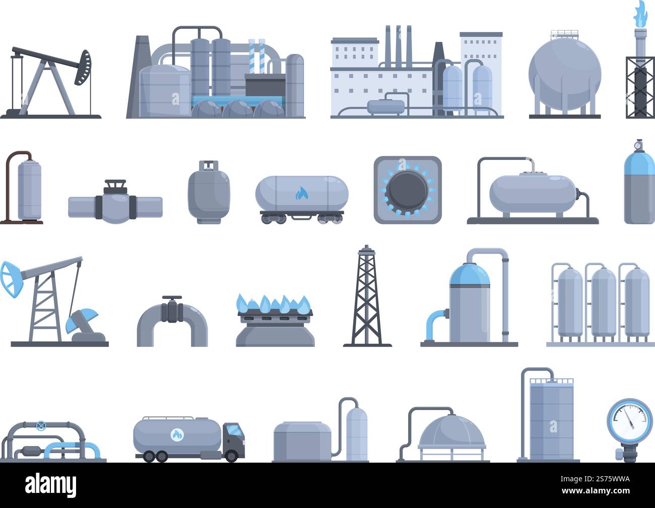 Gas production icons set cartoon vector. Pipeline rig. Tank pipe. Gas ...