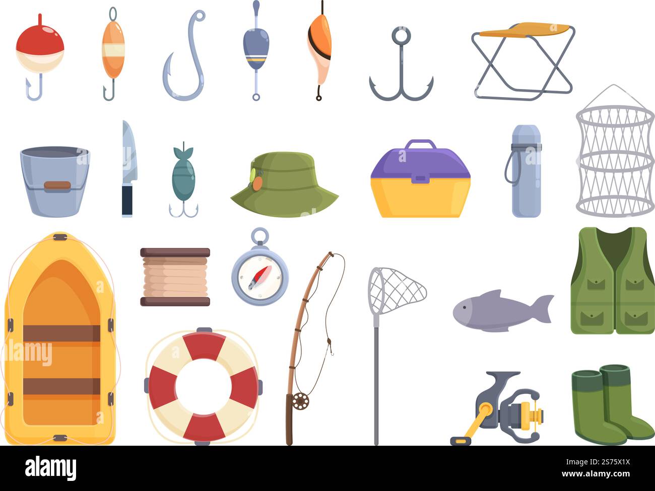 Fishing icons set cartoon vector. Fishery boat. Net marine. Fishing ...