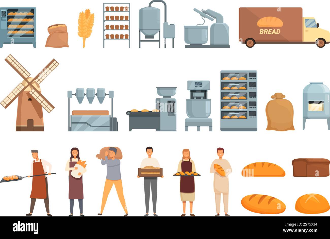 Bread production icons set cartoon vector. Bread factory. Bakery food ...
