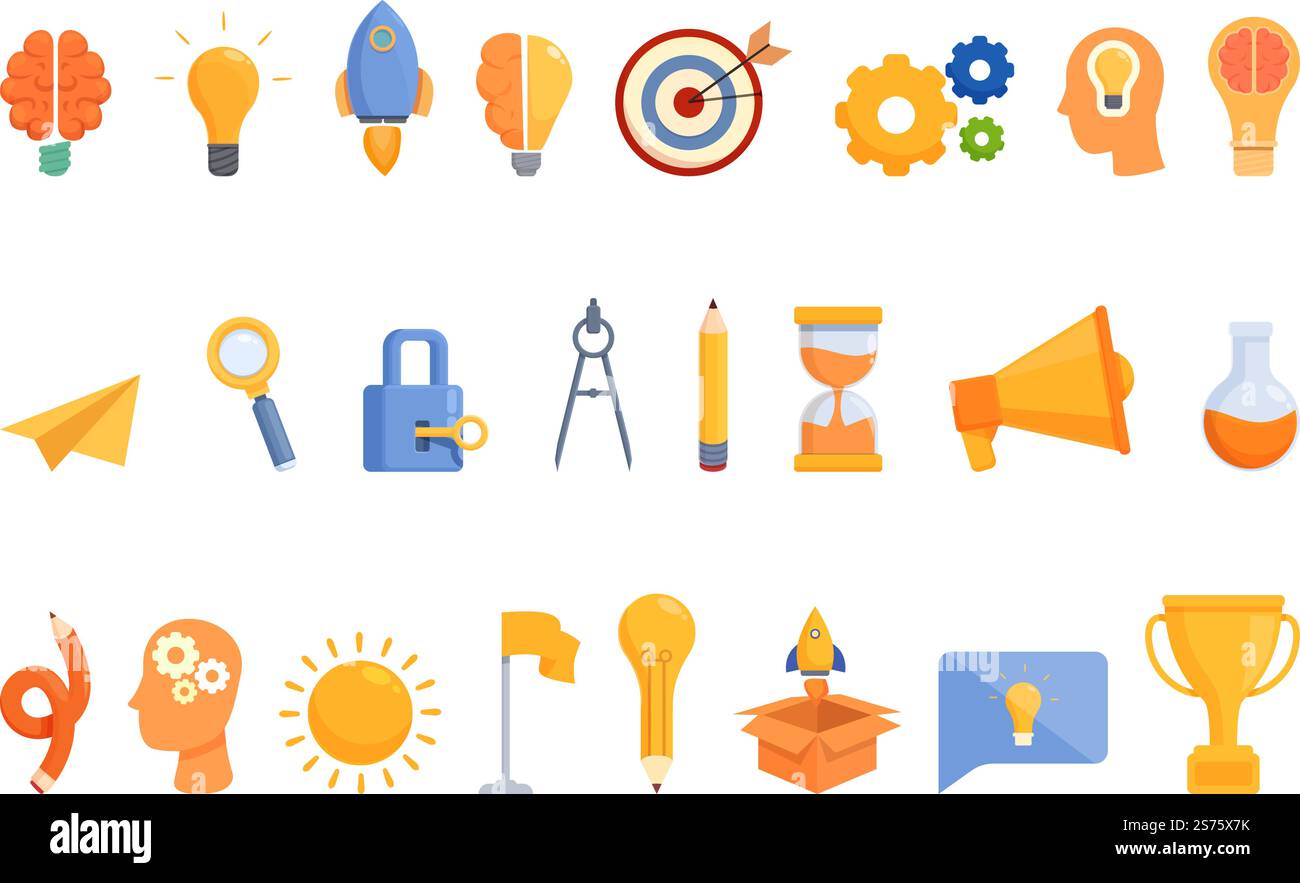 Creative thinking icons set cartoon vector. Solution idea. Light bulb ... Creative thinking icons set cartoon vector. Solution idea. Light bulb ...