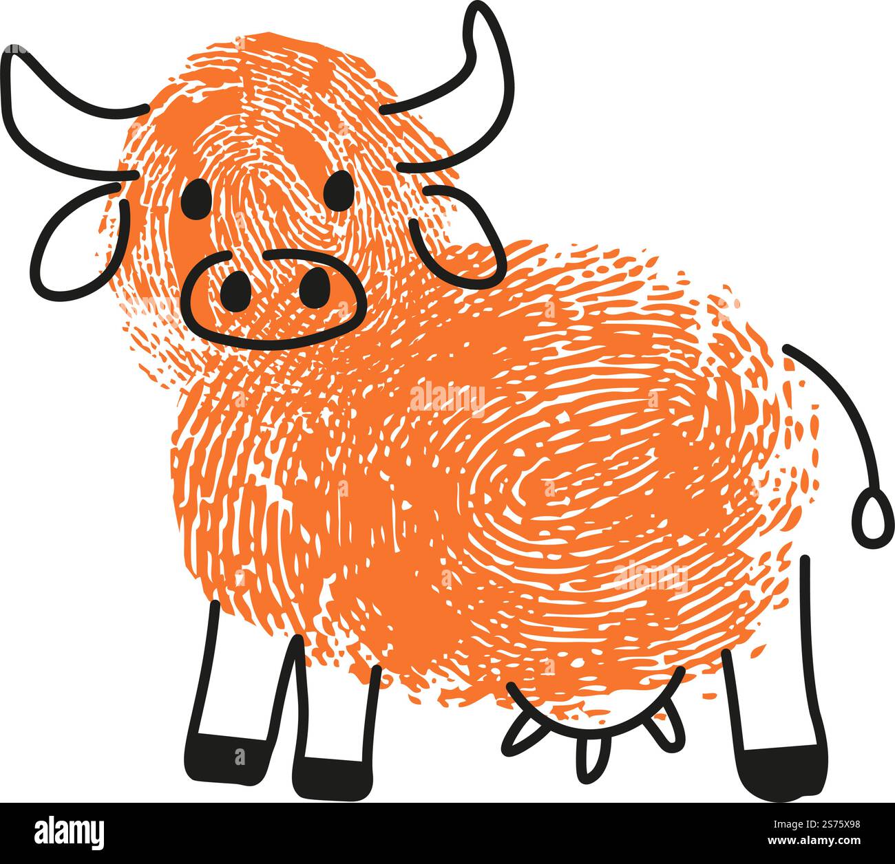 Bull thumbprint, isolated painting of shaggy cow. Cute personage with ...