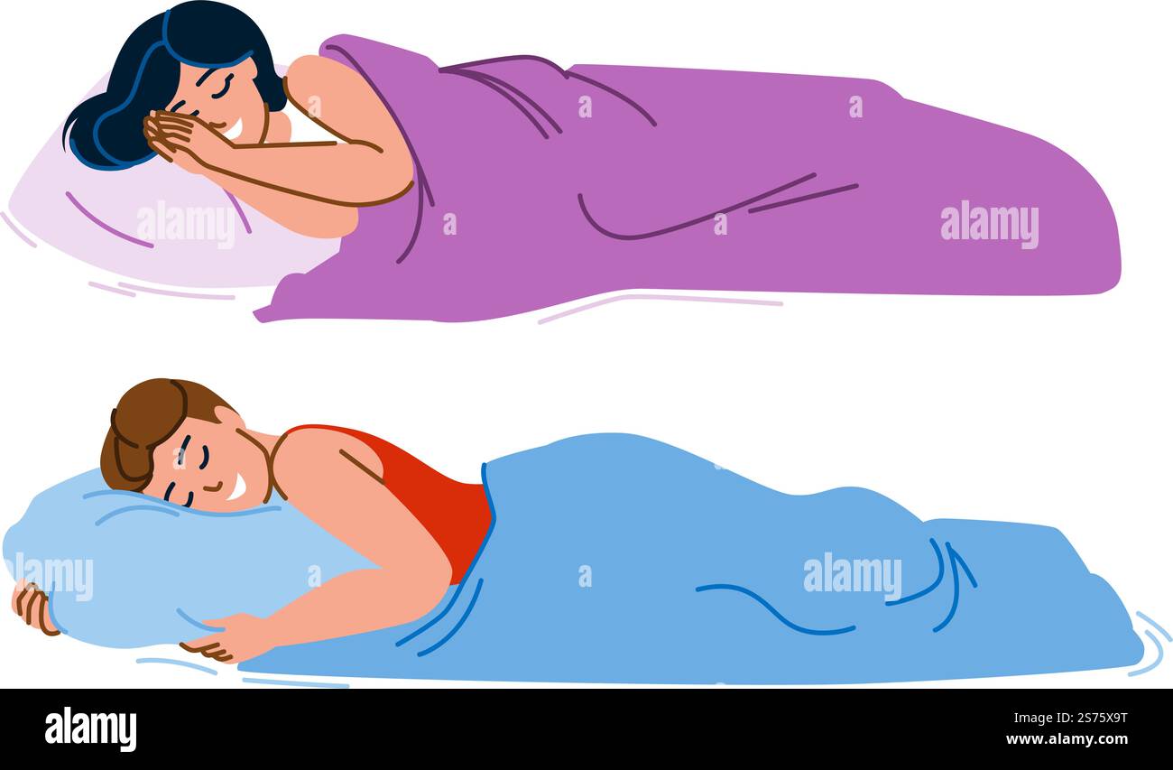 sleeping peaceful vector. bed young, pillow woman, dream bedroom ...
