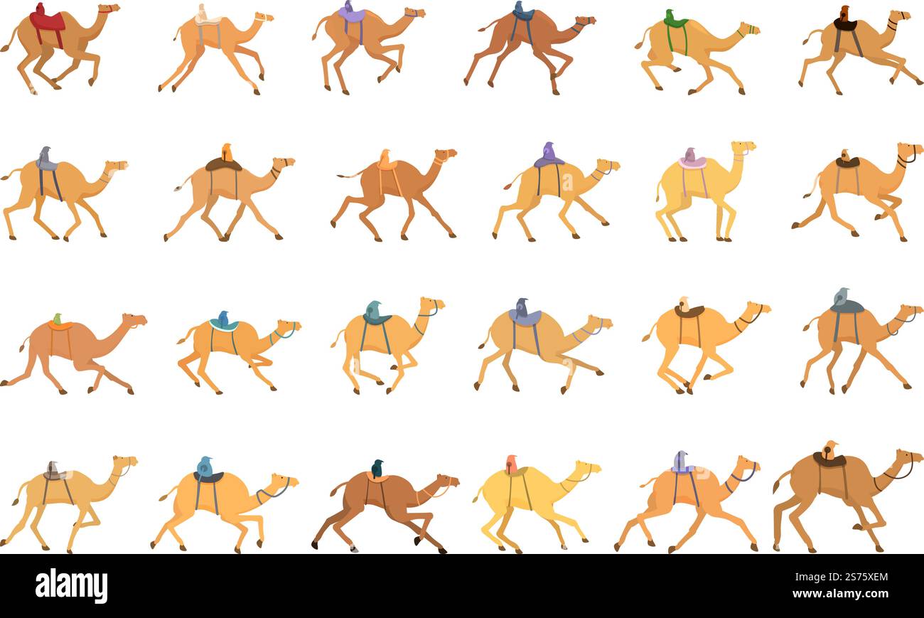 Camel racing icons set cartoon vector. Race activity. Camel animal ...