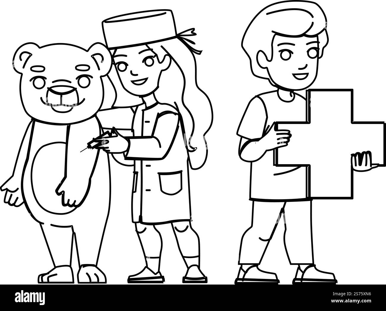 hospital kid line pencil drawing vector. child sick, clinic medical ...