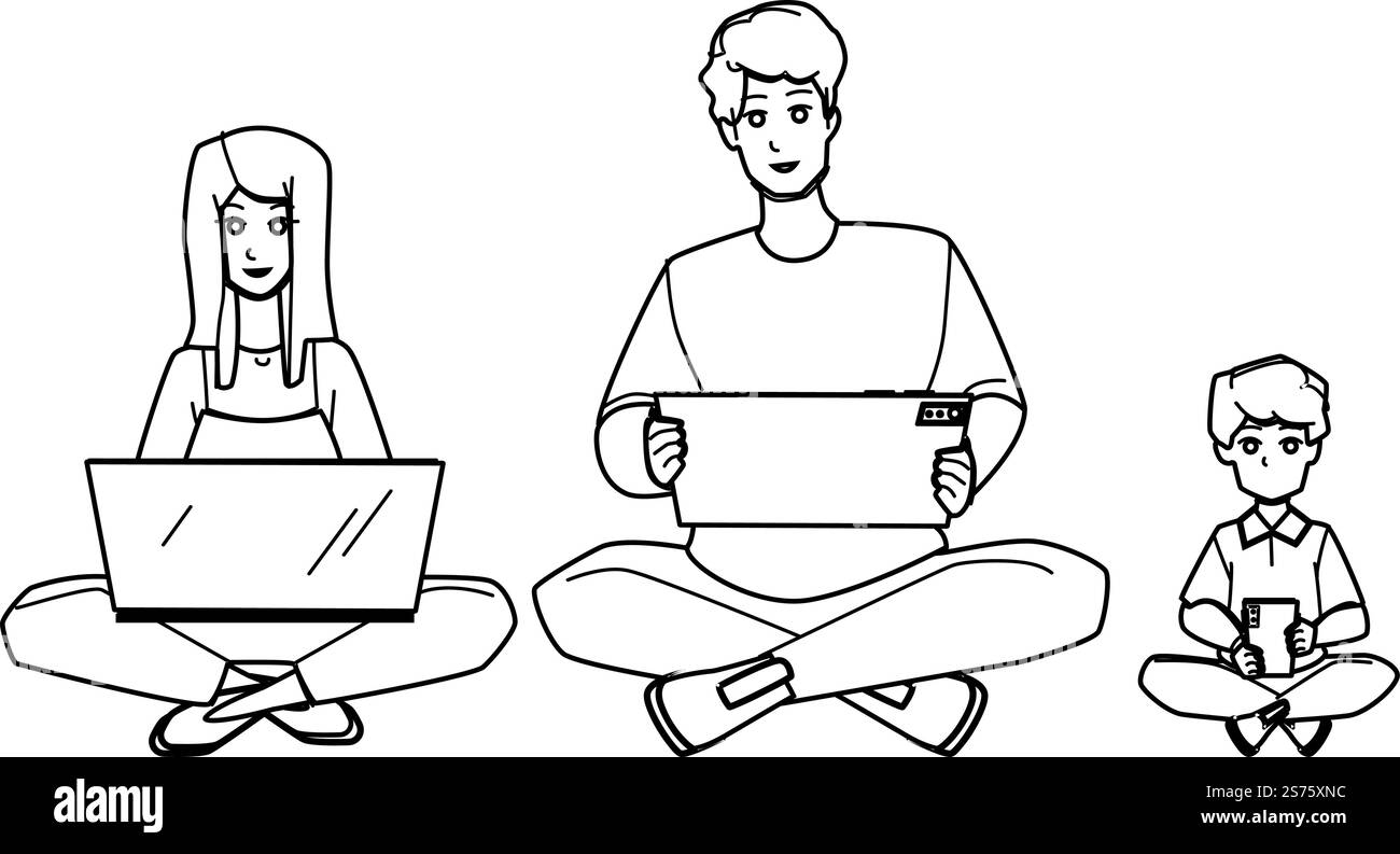 Family using technology line pencil drawing vector father mother hi-res ...