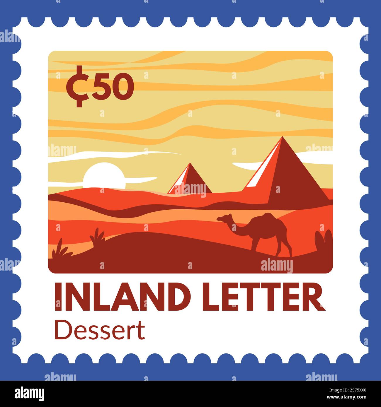 Dessert landscape with pyramids and camels. Inland letter postmark on ...