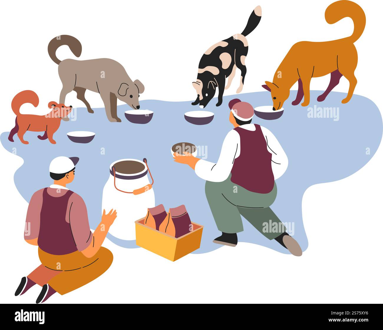 Feeding animals outdoors, isolated volunteers helping homeless stray ...