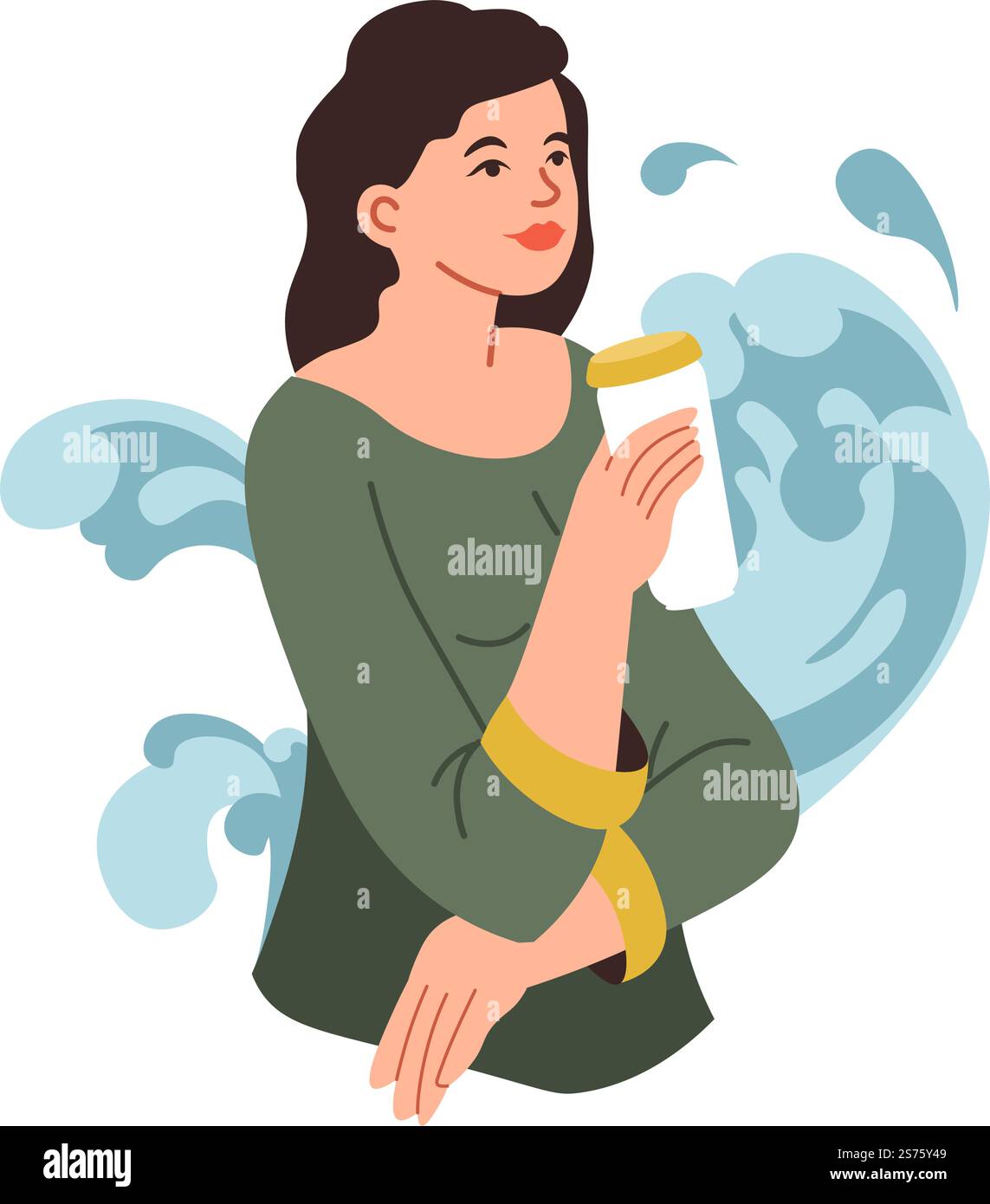 Healthy and balanced lifestyle, isolated female character drinking ...