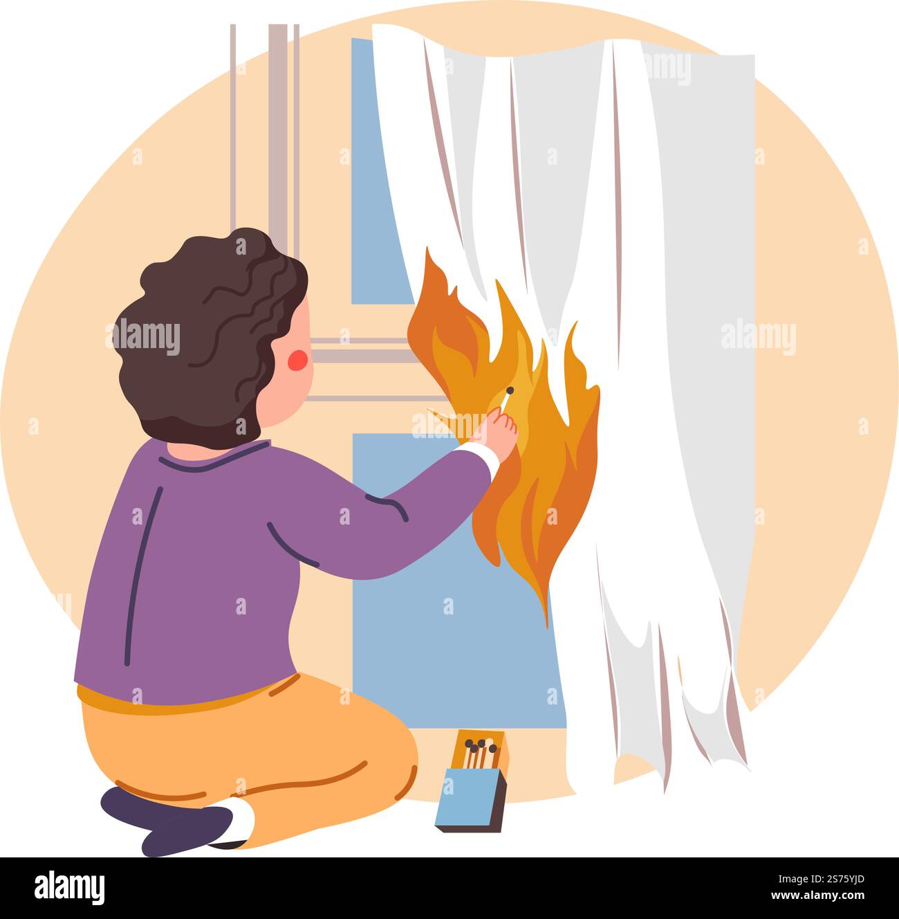 Dangerous objects at home, isolated kid playing with matches putting ...