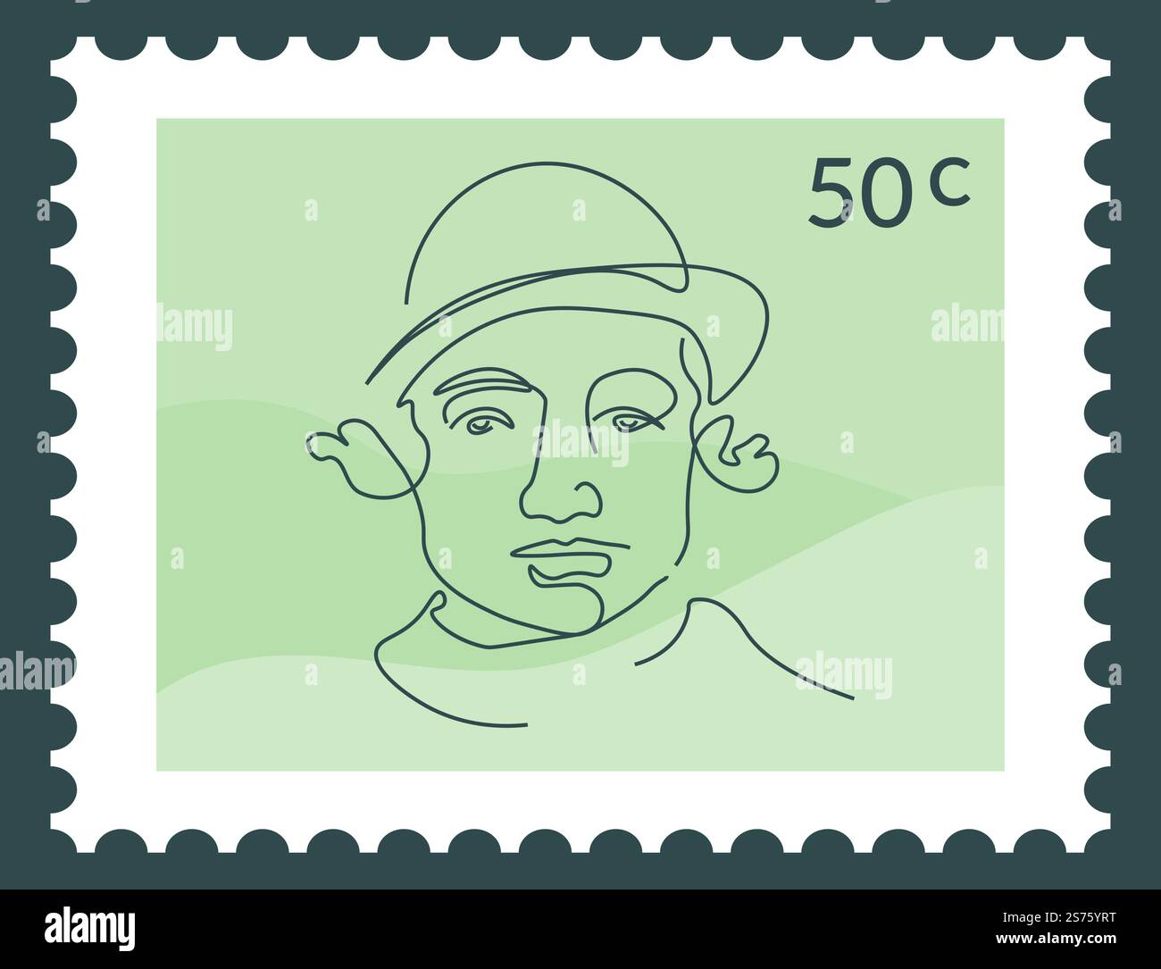Postmark with portrait of man wearing hat. Male character line art ...