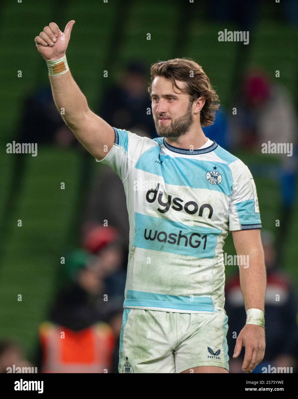 Dublin, Ireland. 18th Jan, 2025. Tom Glanville of Bath greets the fans ...