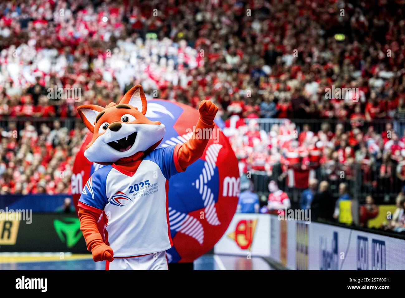 Herning, Denmark. 18th Jan, 2025. The tournament mascot Foxy the Fox ...