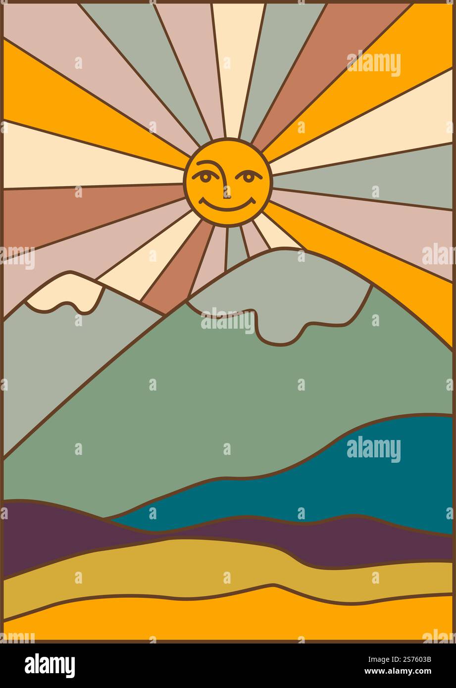 Cartoon landscape of mountains with sun character hiding behind summit ...