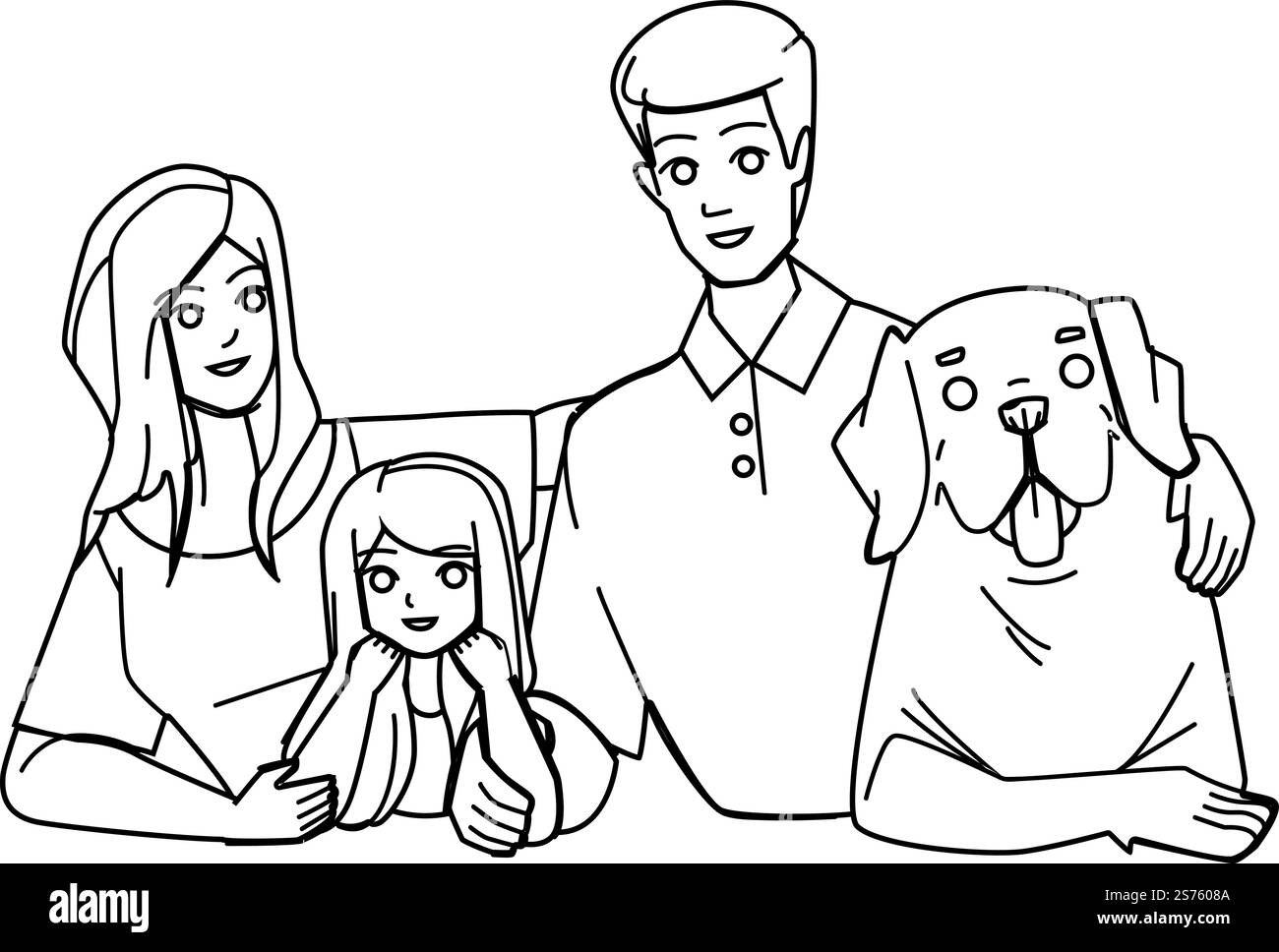 family with dog line pencil drawing vector. pet summer, love happy ...