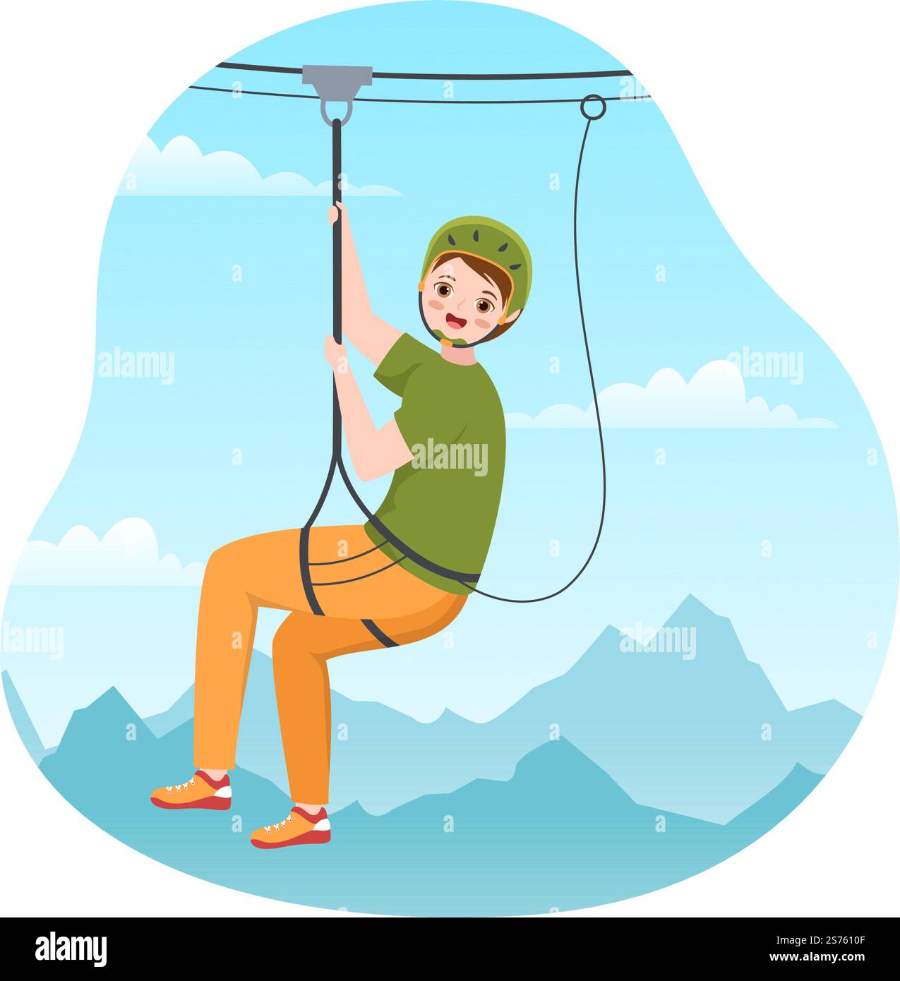 Zip Line Illustration with Visitors Walking on an Obstacle Course and ...