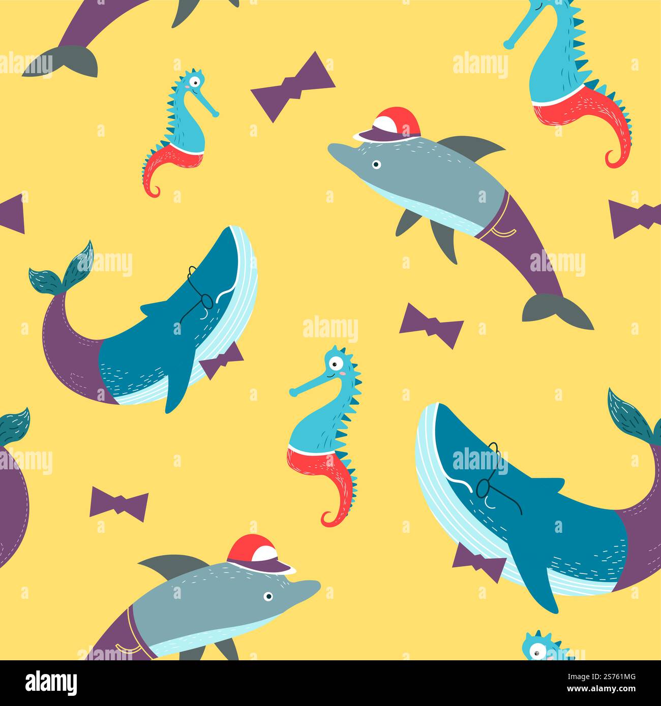 Seahorse and whale wearing bow tie and glasses, dolphin with modern cap ...