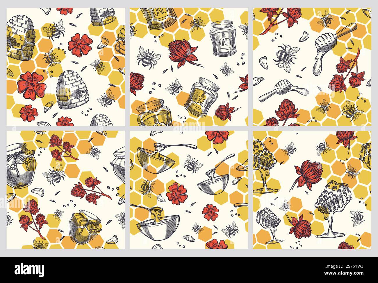 Pattern decoration set with honey jar, bees insect. Hand drawn beehive ...