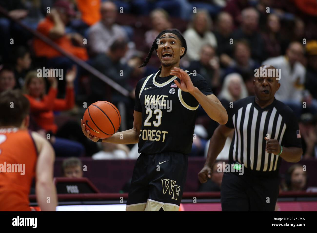 Blacksburg, VA, USA. 18th Jan, 2025. Wake Forest Demon Deacons guard ...