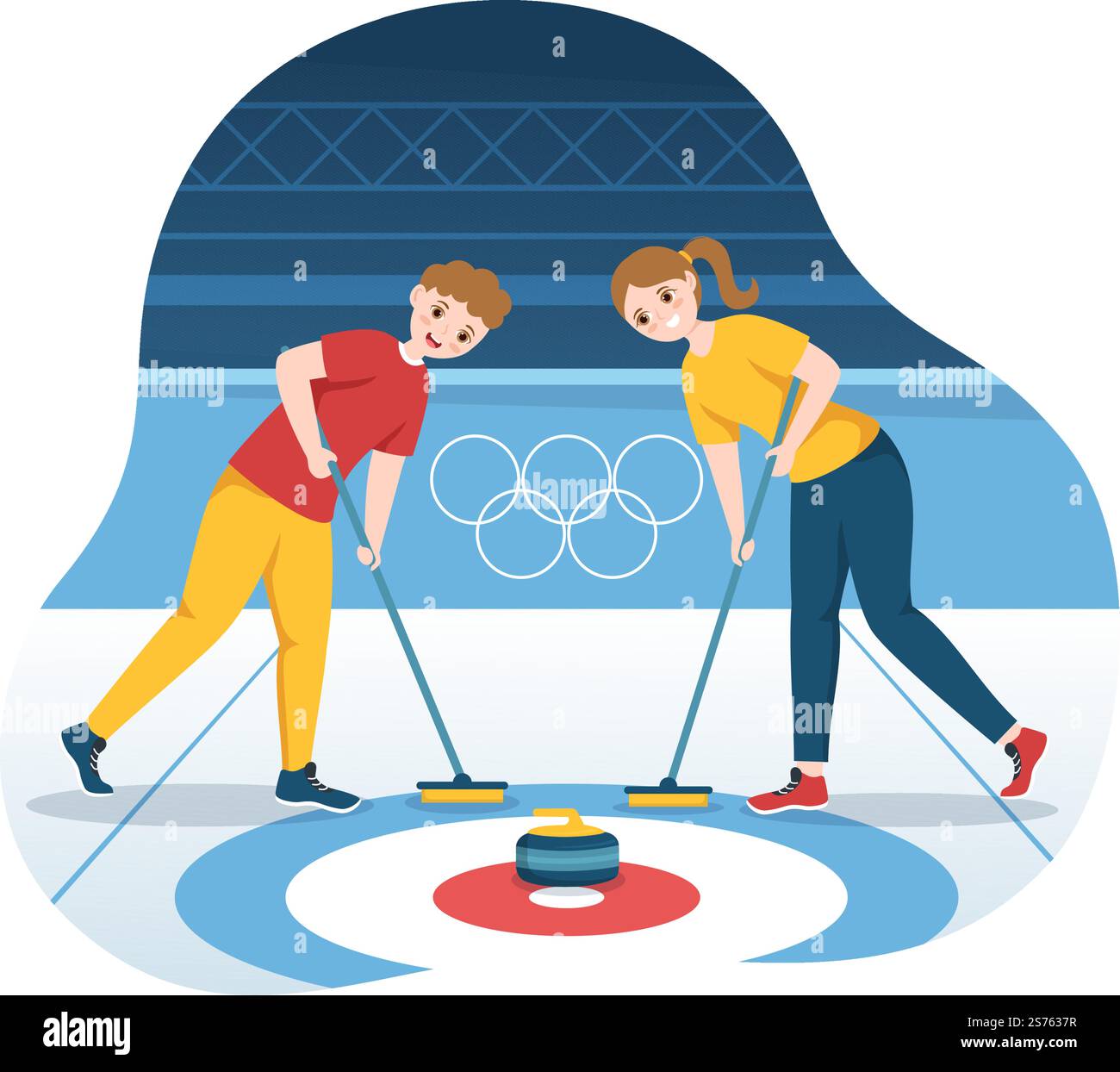 Curling Sport Illustration with Team Playing Game of Rocks and Broom in ...