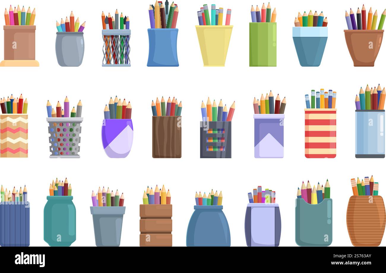 Pencil stand icons set cartoon vector. Office school. Holder art ...