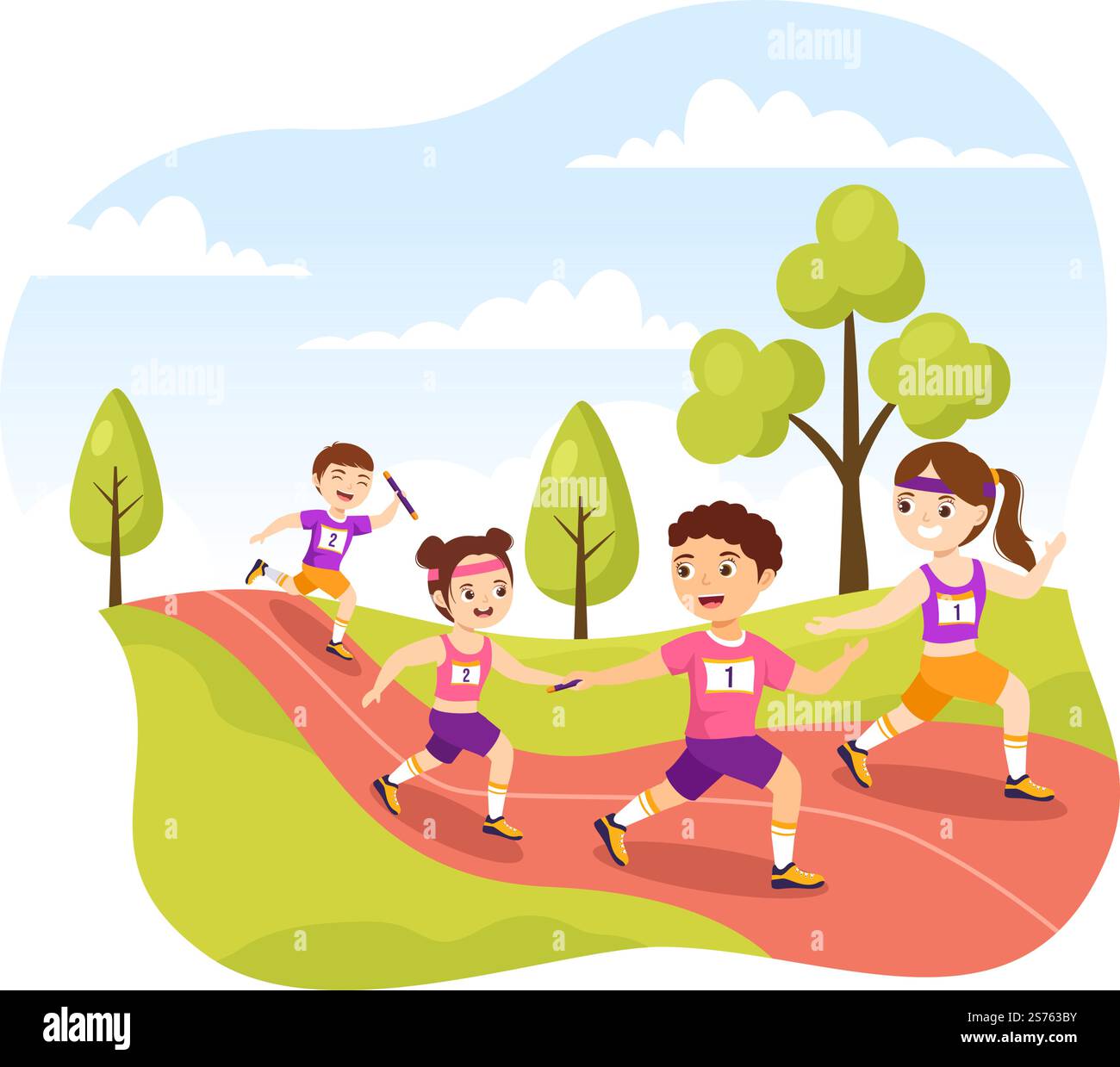 Relay Race Illustration Kids by Passing the Baton to Teammates Until ...