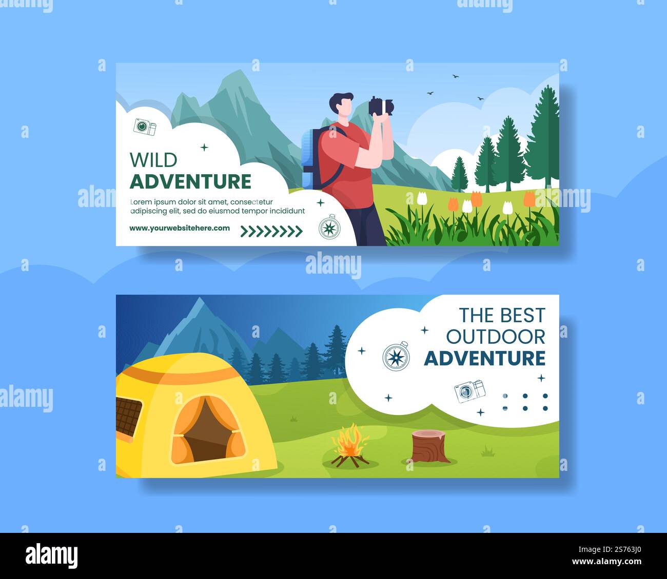 Nature Adventure or Vacation Horizontal Banner Flat Cartoon Hand Drawn ...