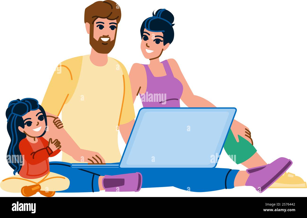 family computer vector. man home, laptop happy kid, internet father ...