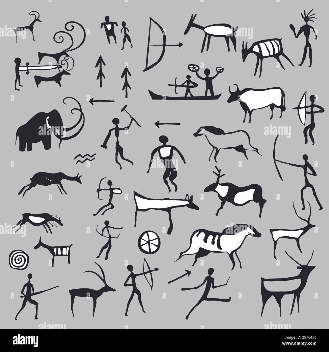 Cave drawings and symbols, silhouettes of people hunting scenes ...