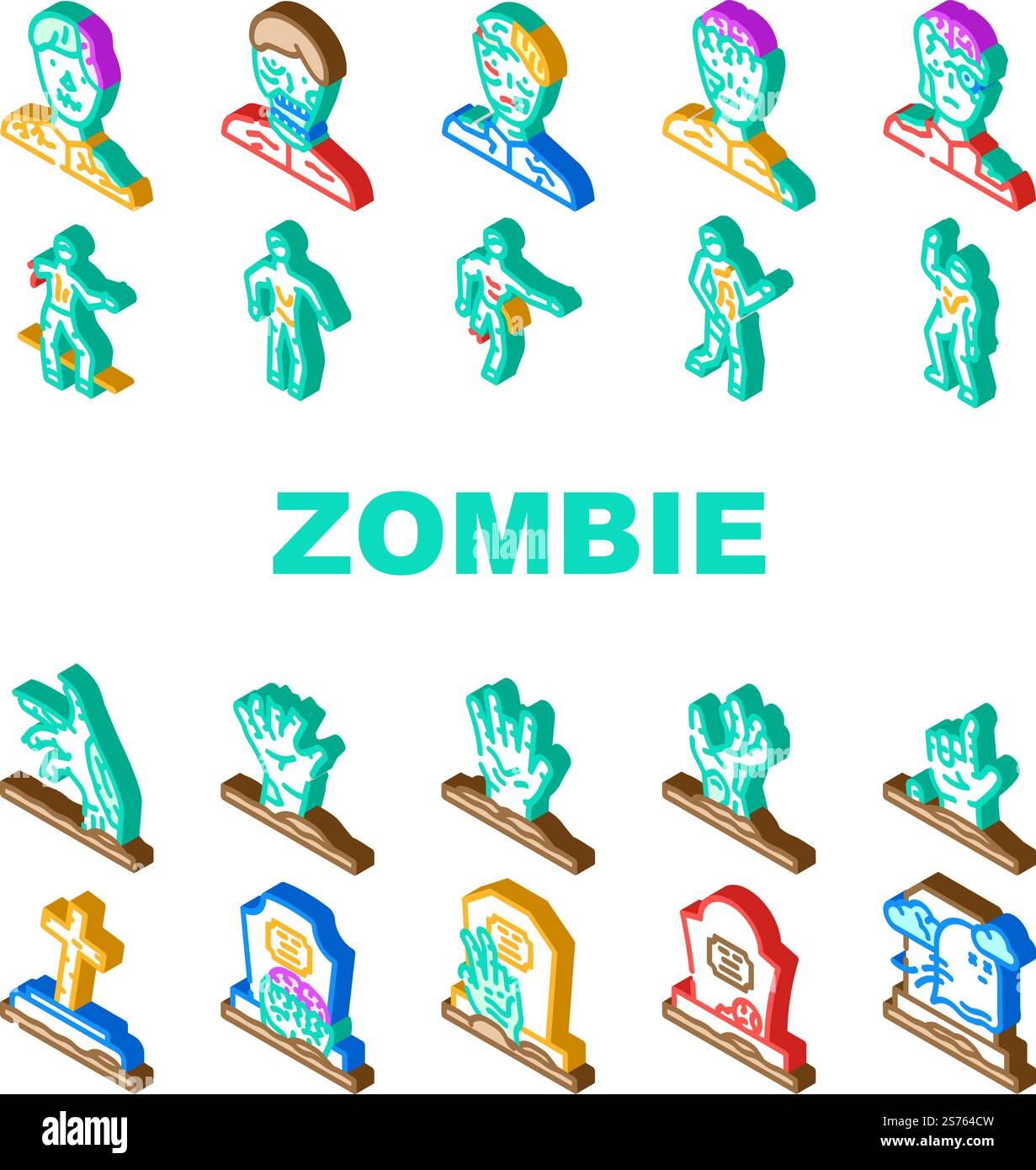 zombie horror dead monster icons set vector. halloween scary, hand ...