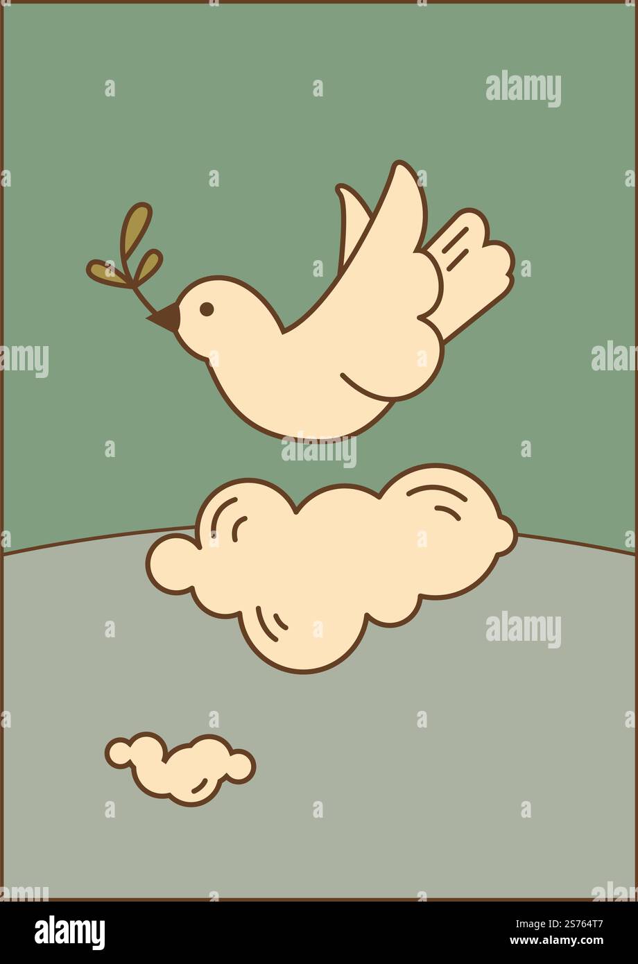 Cartoon pigeon flying over cloud carrying leaf branch. Peace and ...