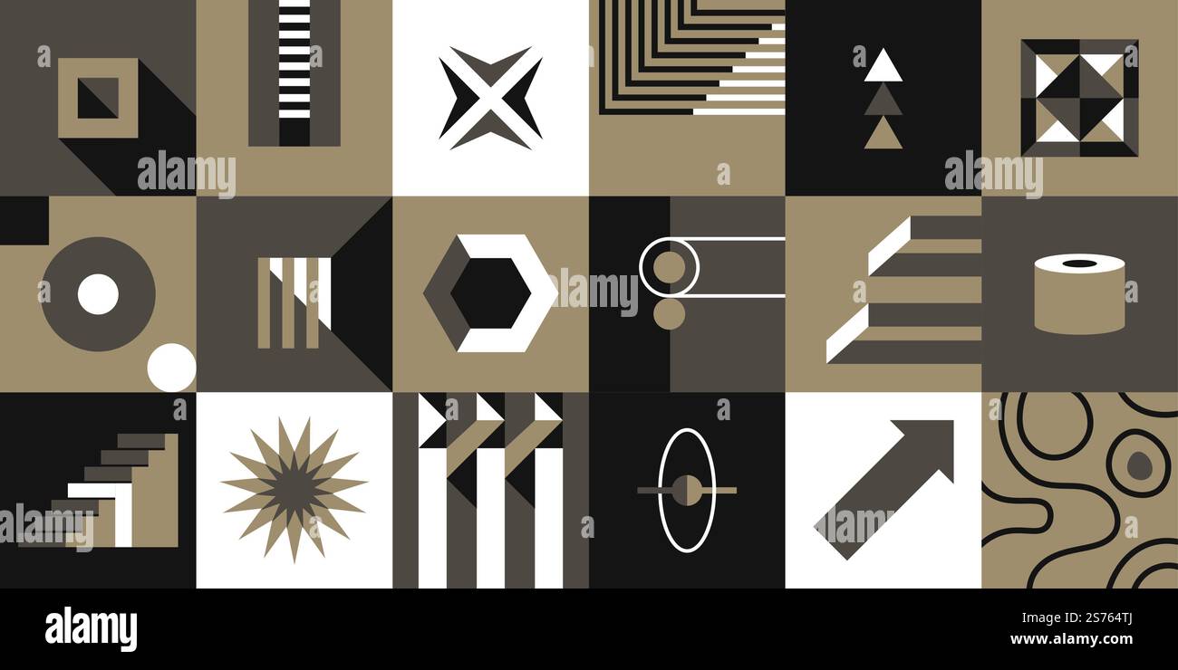 Abstract shapes and forms in squares, geometric print. Triangles ...
