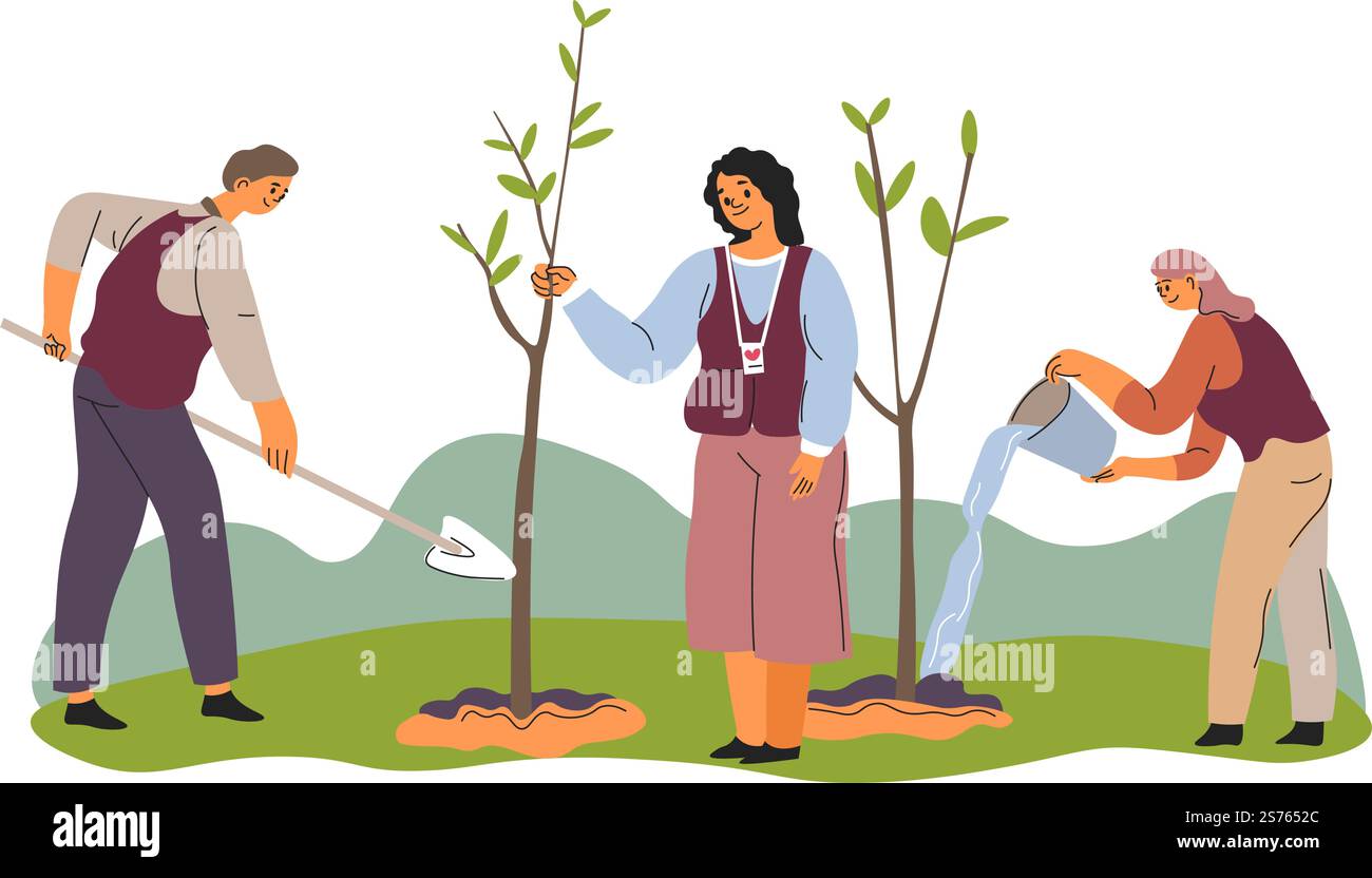 Activists caring for ecology and environment. People planting trees and ...