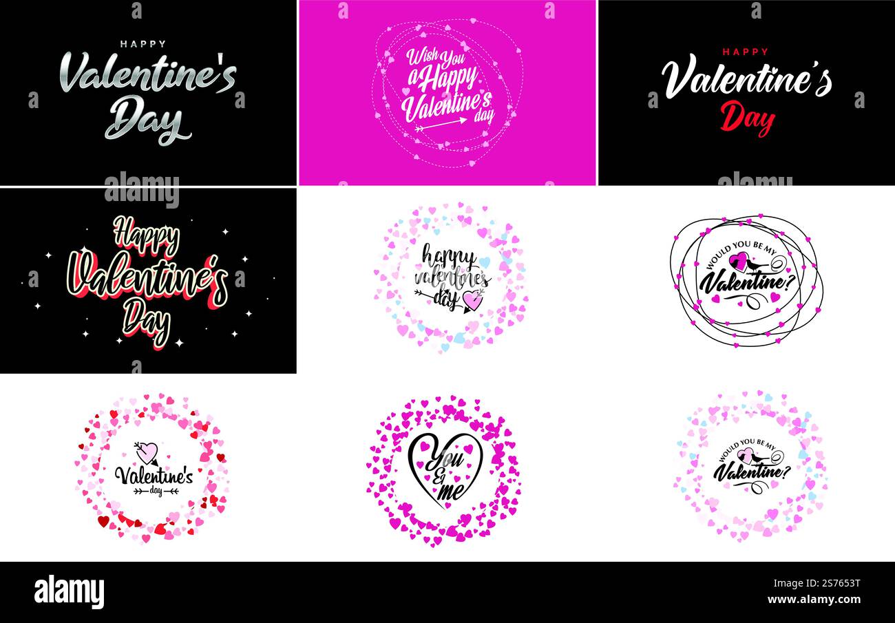 Hand-drawn black lettering Valentine’s Day and pink hearts on white ...