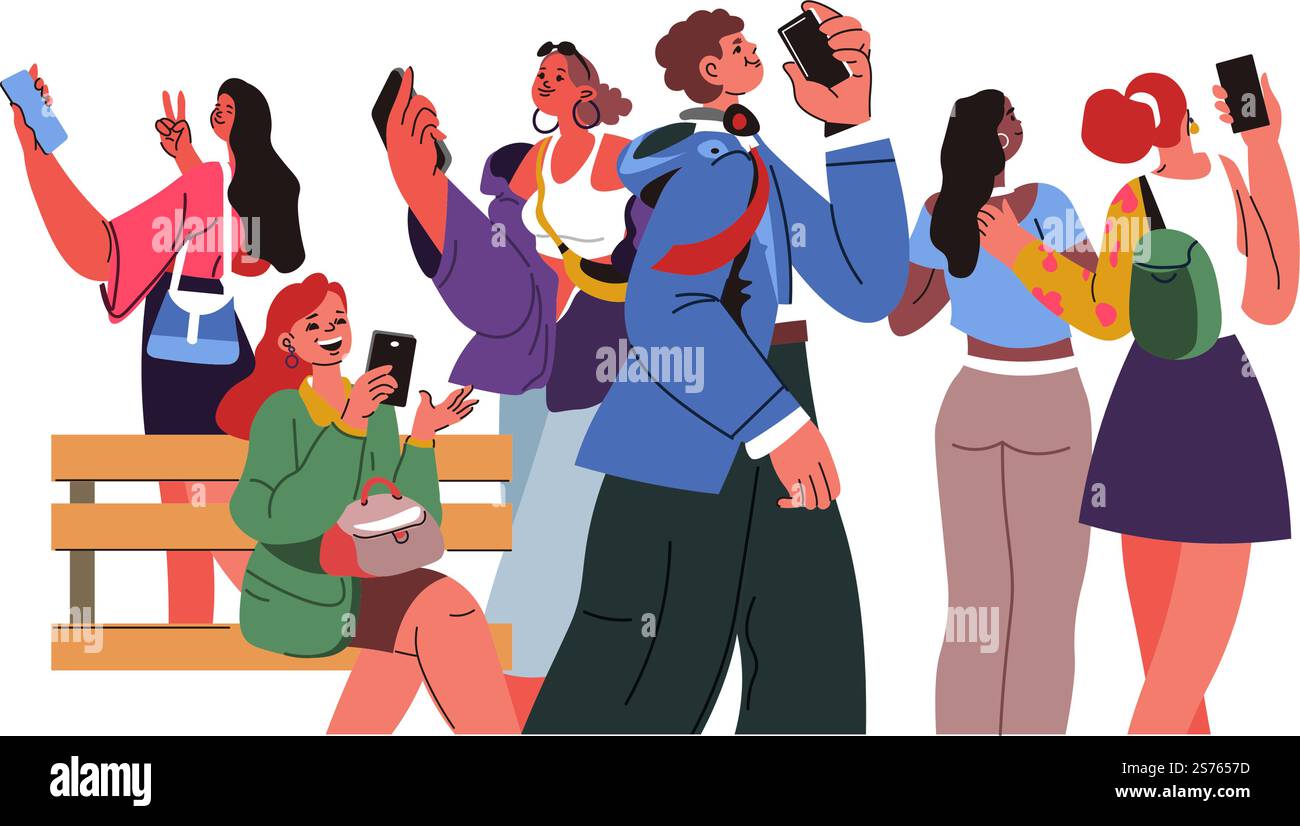 Youth and teenagers talking on smartphones, taking selfies and ...