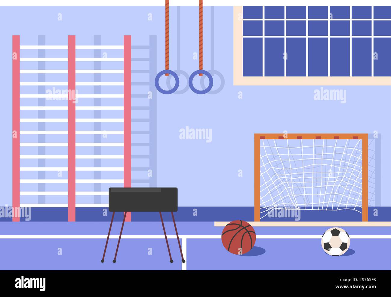 Gymnastics room in school, interior design with equipment for working ...
