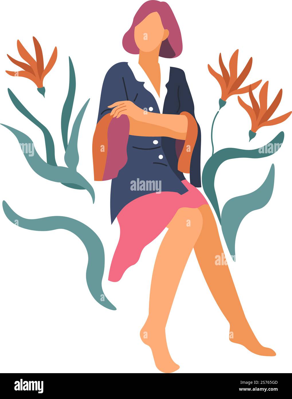 Female character portrait, isolated woman sitting with flowers and ...