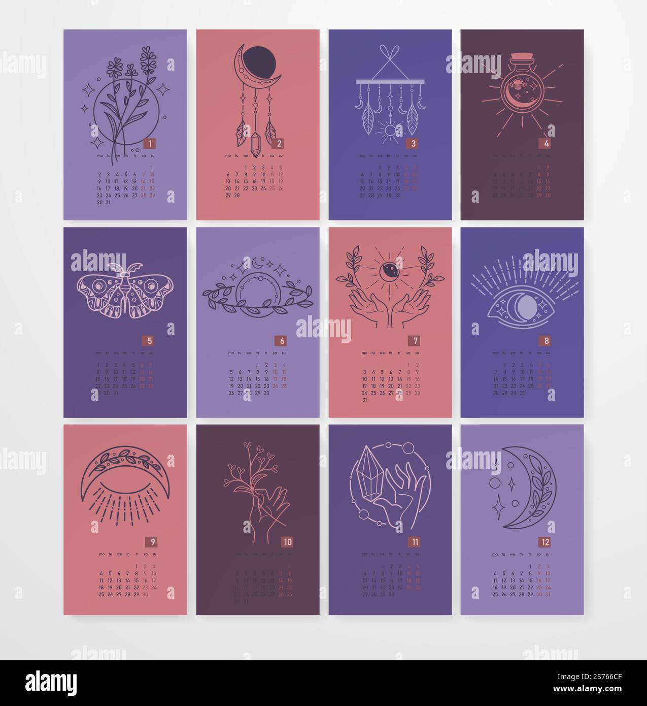 Calendar with mystical and magical drawings of herbs and crystals hi ...