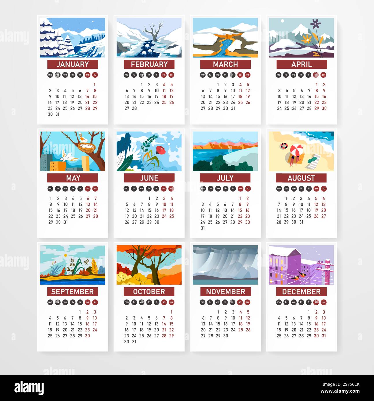 Year calendar with sheets of dates and days and landscapes, seasonal ...