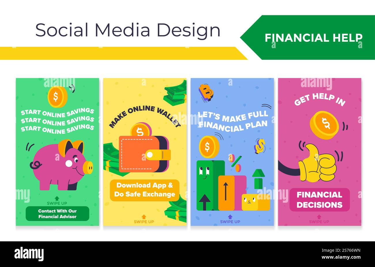 Template social media set with financial app promo. Colorful piggy bank ...
