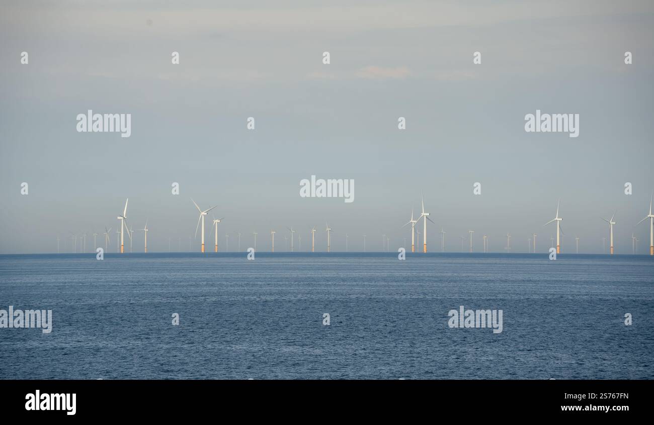 tens of tall wind turbines of an offshore wind farm, in action, Gwynt y ...
