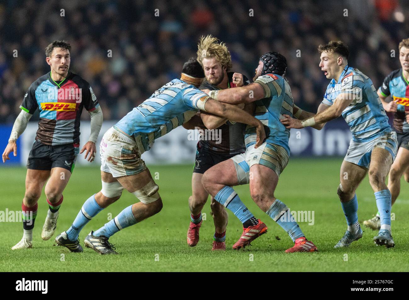 Tyrone Green of Harlequins is tackled during the Investec Champions Cup ...