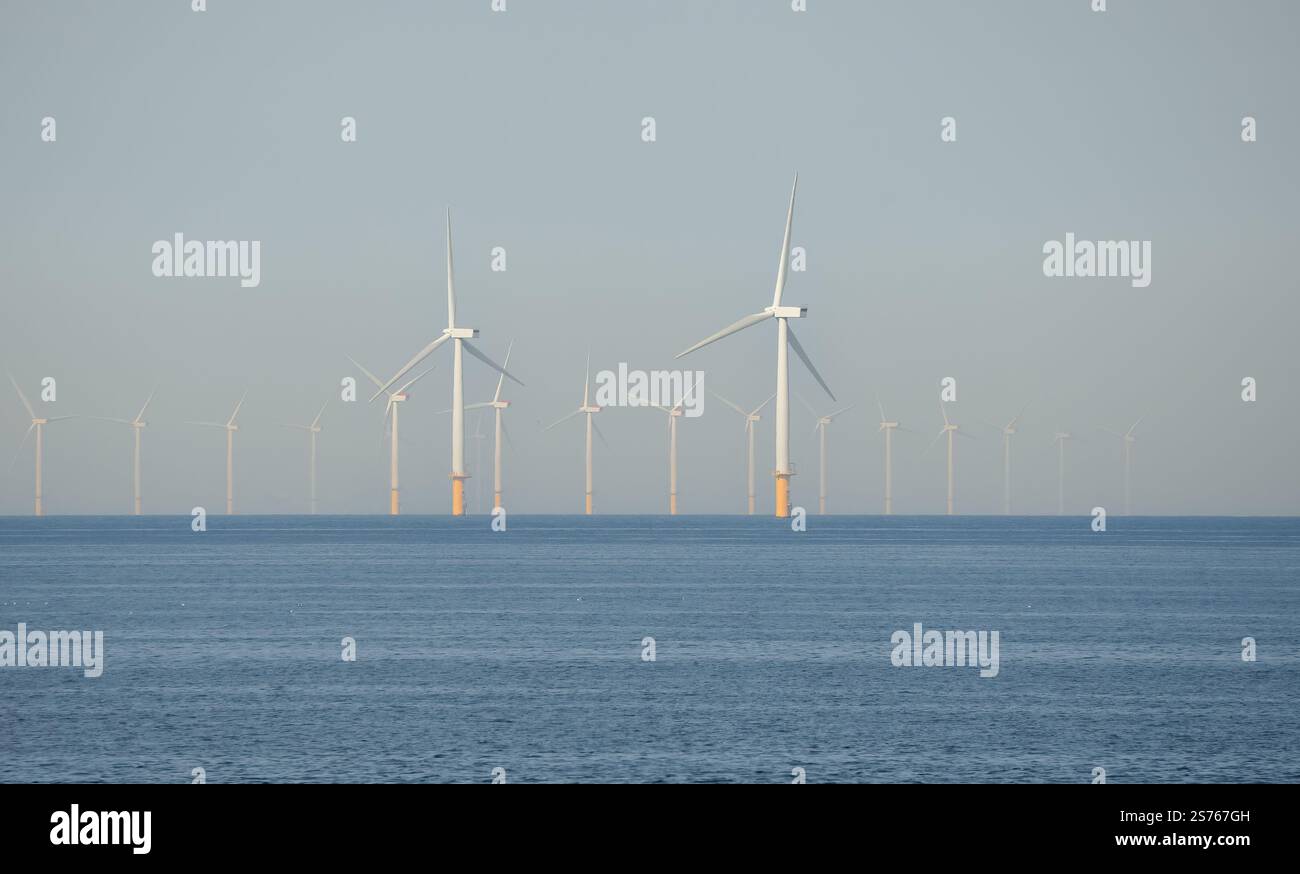 tens of tall wind turbines of an offshore wind farm, in action, Gwynt y ...